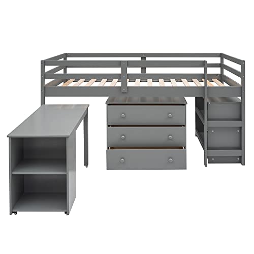 Harper & Bright Designs Low Loft Bed with Desk and Storage Drawers, Solid Wood Twin Loft Bed with Cabinet and Rolling Portable Desk - Gray
