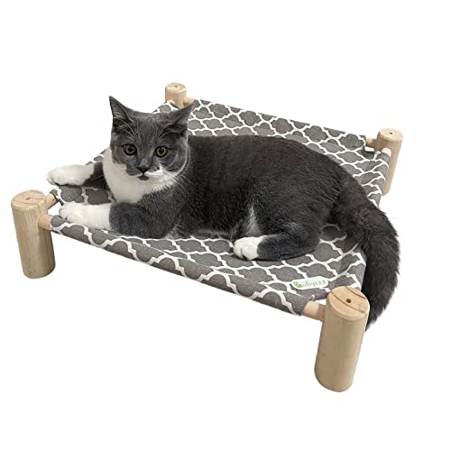 Babyezz Cat and Dog Hammock Bed, Wooden cat Hammock Elevated Cooling Bed, Detachable Portable Indoor / Outdoor pet Bed, Suitable for Cats and Small Dogs (Grey mesh cat Bed)