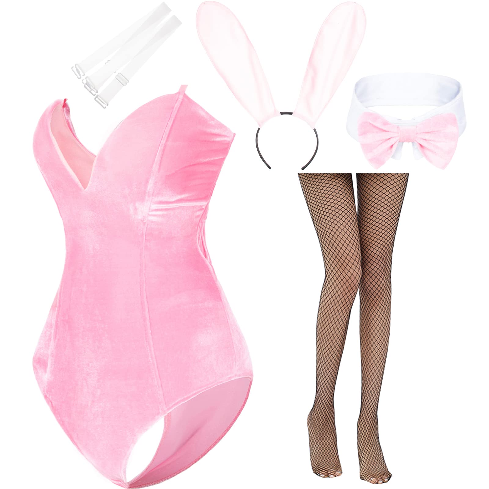 AiMiNa Anime Womens Bunny Costume Girl Suit Costume One Piece Bodysuit Halloween Cosplay Catsuit Bunny Headband Stockings Set(Pink S)