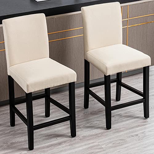 GOTMINSI Classic 24 Inches Counter Height Stools Upholstered Bar Stools with Solid Wood Legs Set of 2(Fabric Beige)
