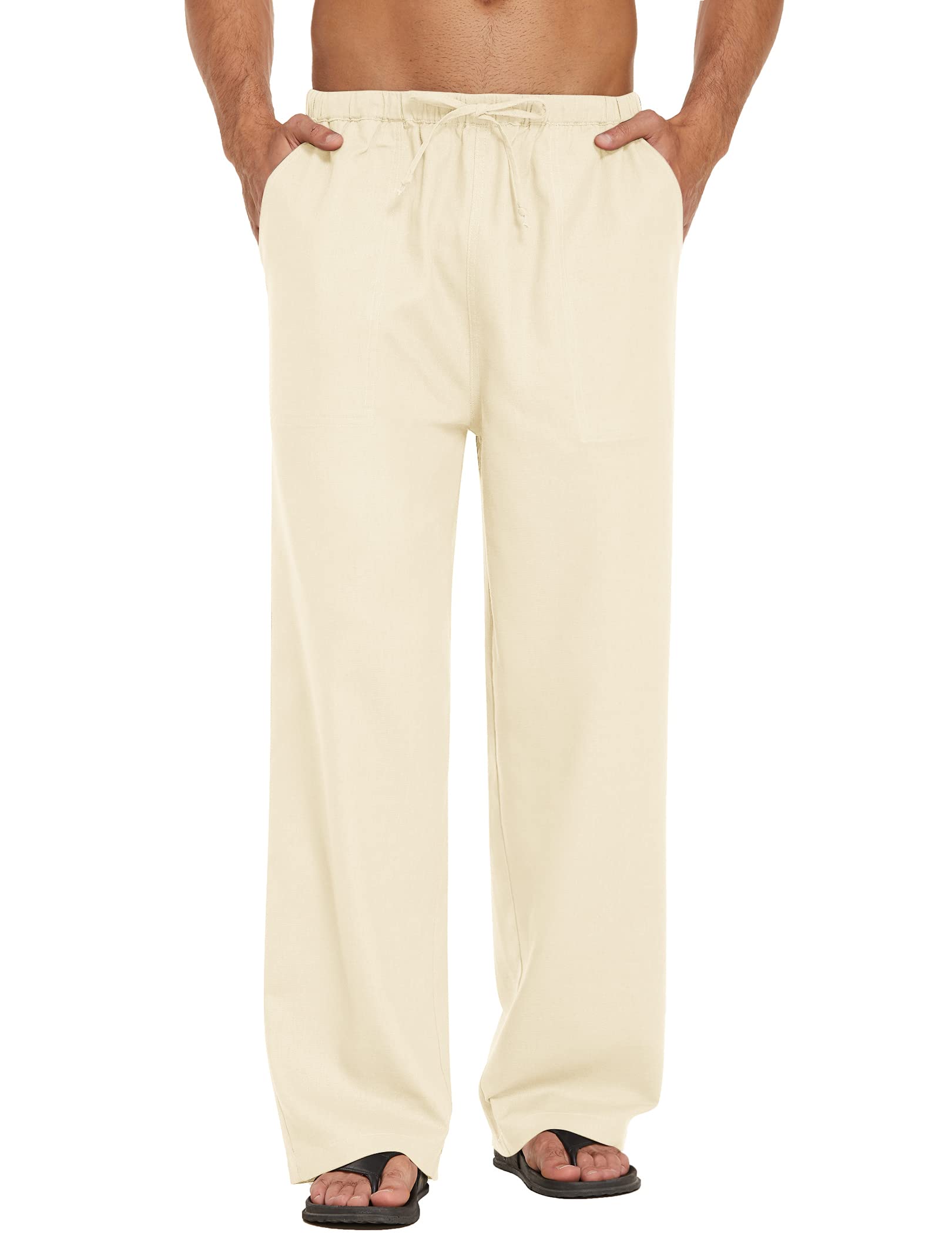 COOFANDY Men Linen Yoga Beach Cool Long Pants Stretchy Drawstring Waist Trousers