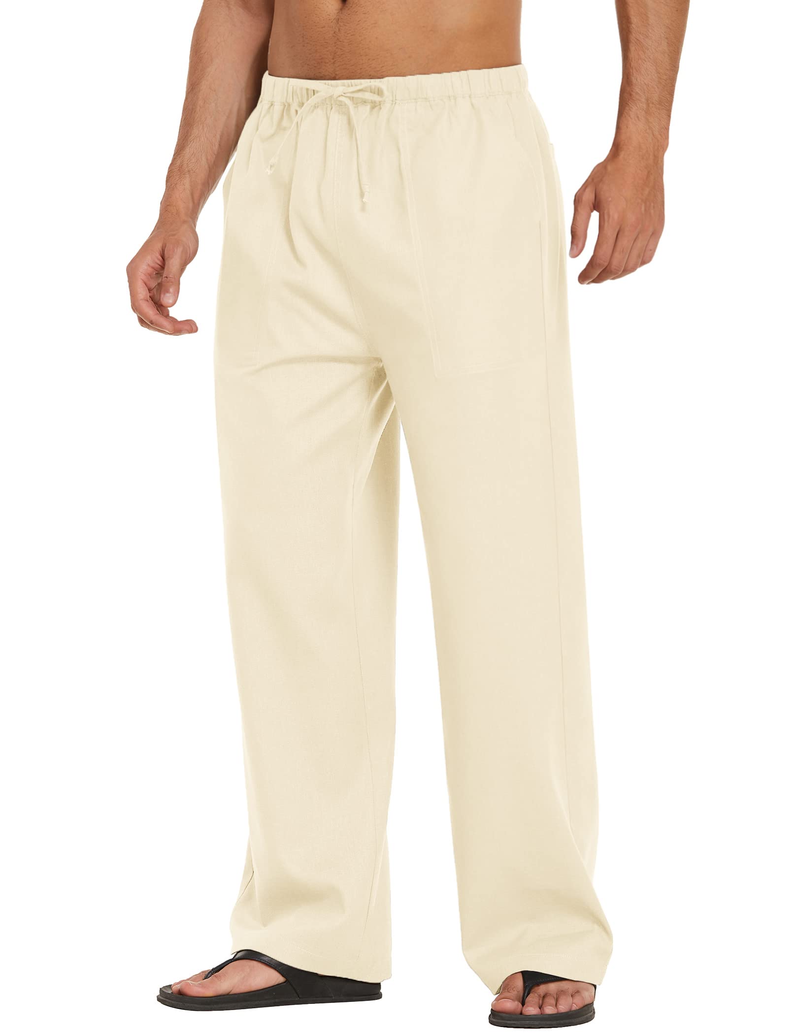 COOFANDY Men Linen Yoga Beach Cool Long Pants Stretchy Drawstring Waist Trousers