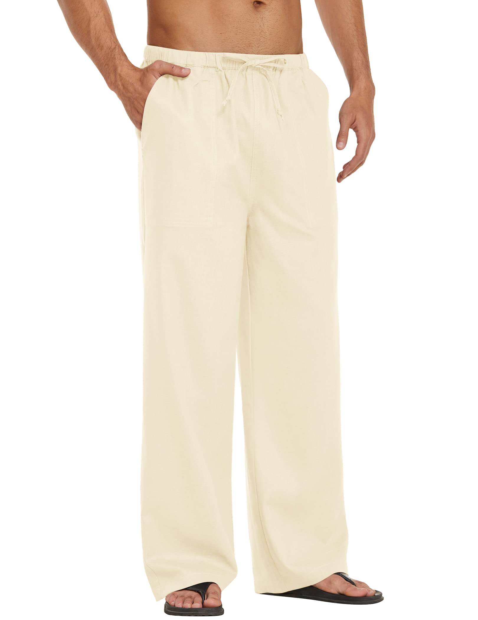 COOFANDY Men Linen Yoga Beach Cool Long Pants Stretchy Drawstring Waist Trousers
