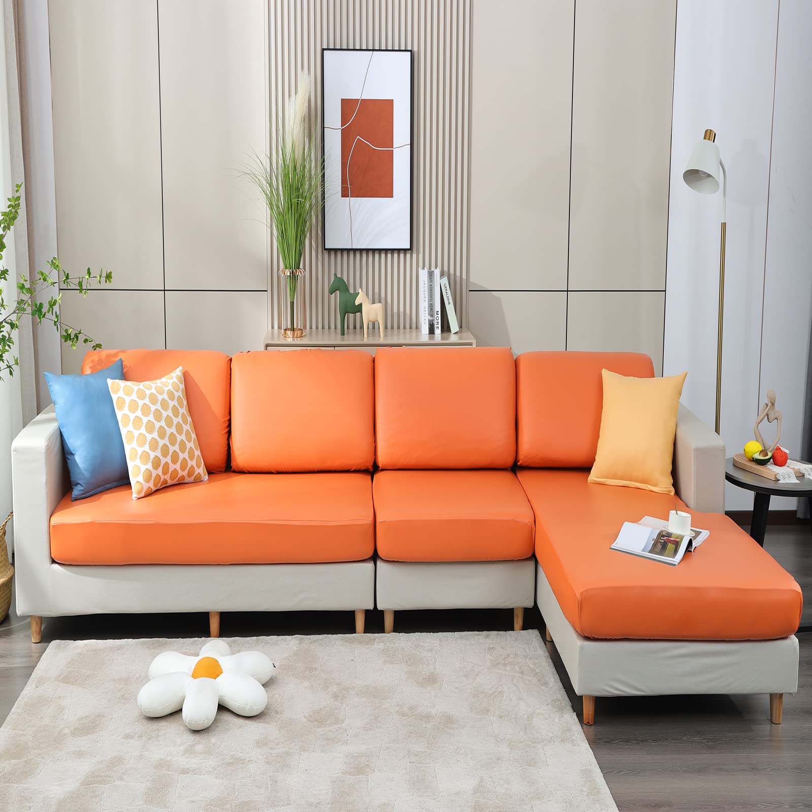 GUYIRT PU Leather Magic Sofa Seat Cushion Covers Stretch, Waterproof Individual Cushion Covers for L Shape Sofa, Non Slip Sofa Cushion Slipcovers for Living Room (Light Gray,L-Chaise)