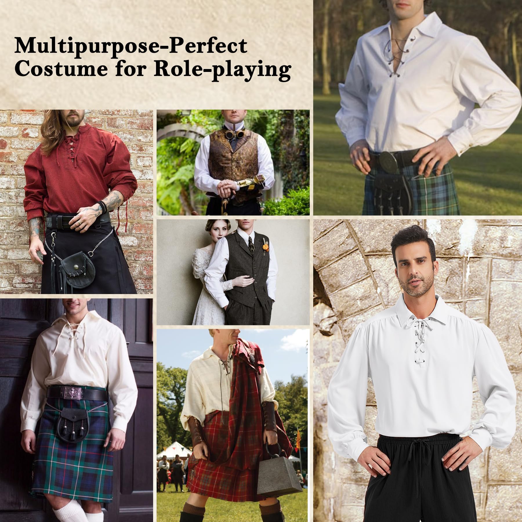 Zando Men's Renaissance Faire Costume - Long Sleeve Medieval Pirate Shirt - Beige, X-Large