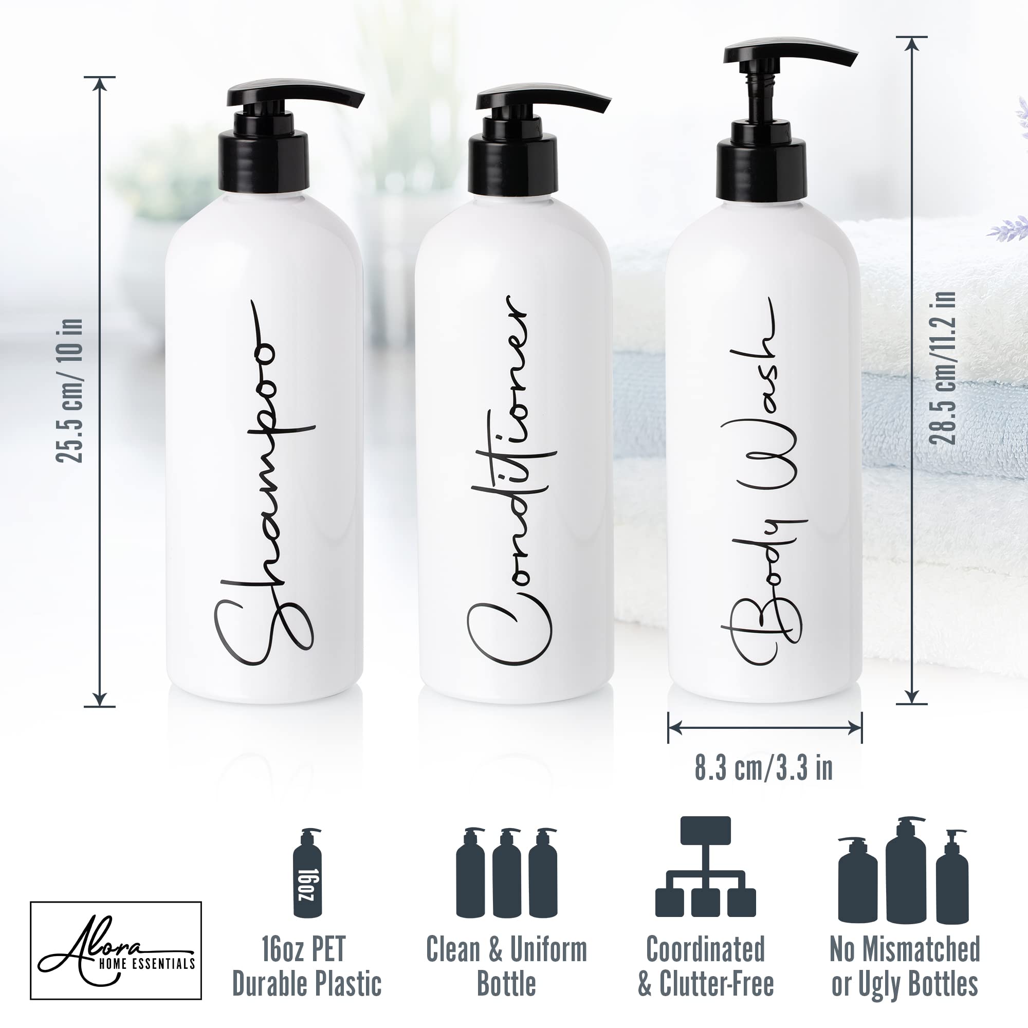 Alora 32oz Reusable Shampoo and Conditioner Bottles - Set of 3 - Easy to Read Labels - Pump Bottle Dispenser for Shampoo, Conditioner, Body Wash - Empty Plastic Refillable Containers for Shower