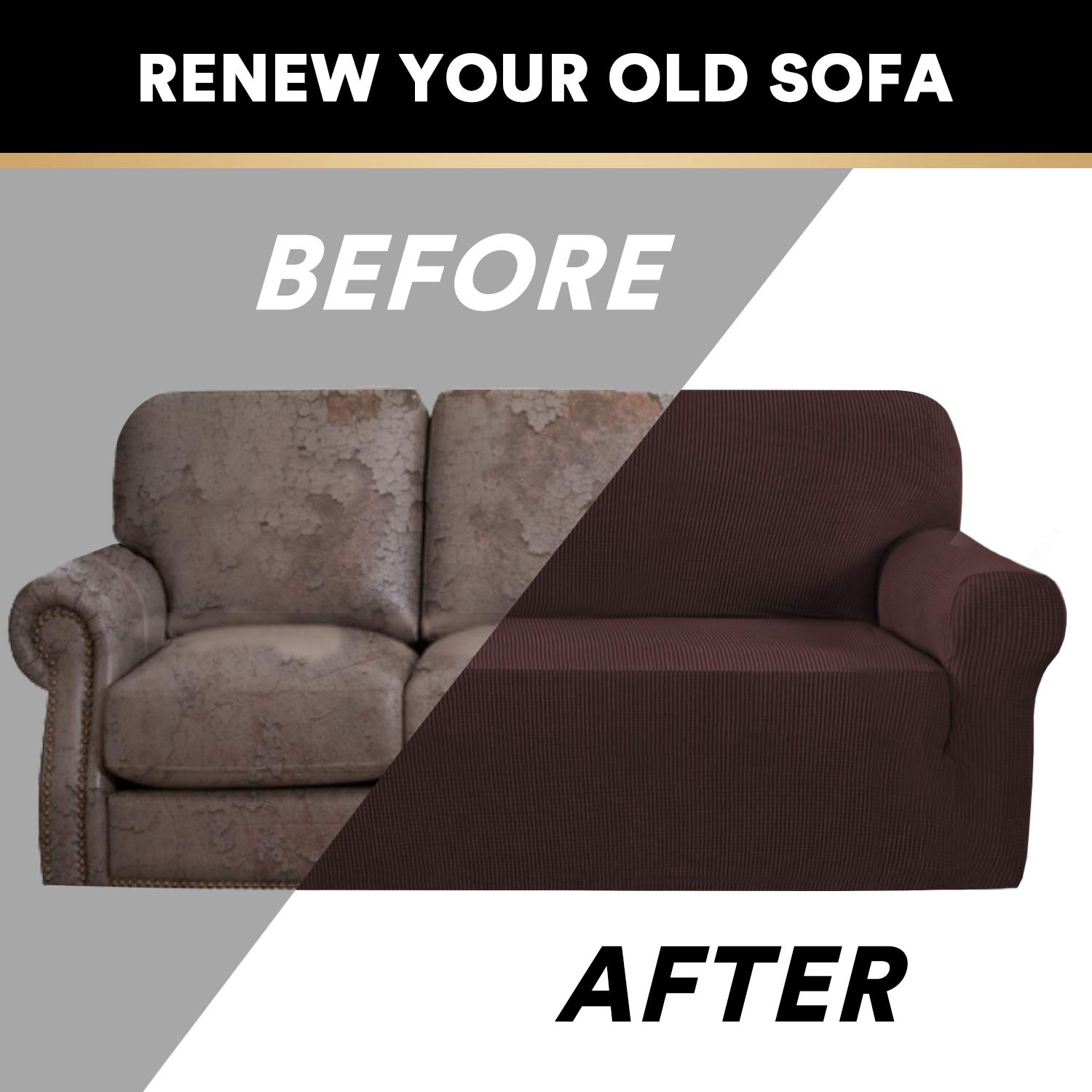 PrinceDeco Stretch Sofa Cover Slipcover Couch Covers for 3 Cushion Couch Furniture Protector Sofa Covers with Non Slip Elastic Bottom Dogs Pet Friendly Fitted (Sofa, Brown)