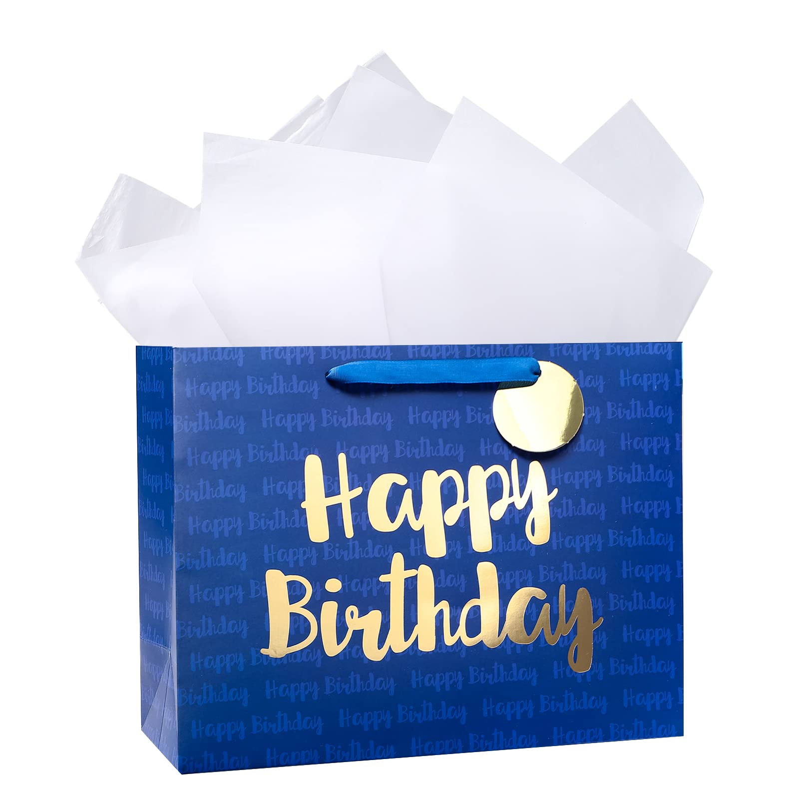 Loveinside Blue Birthday Gift Bag with Tissue Paper for Birthday, Baby Shower, Party, and More - 13" x 10" x 5", 1 Pcs