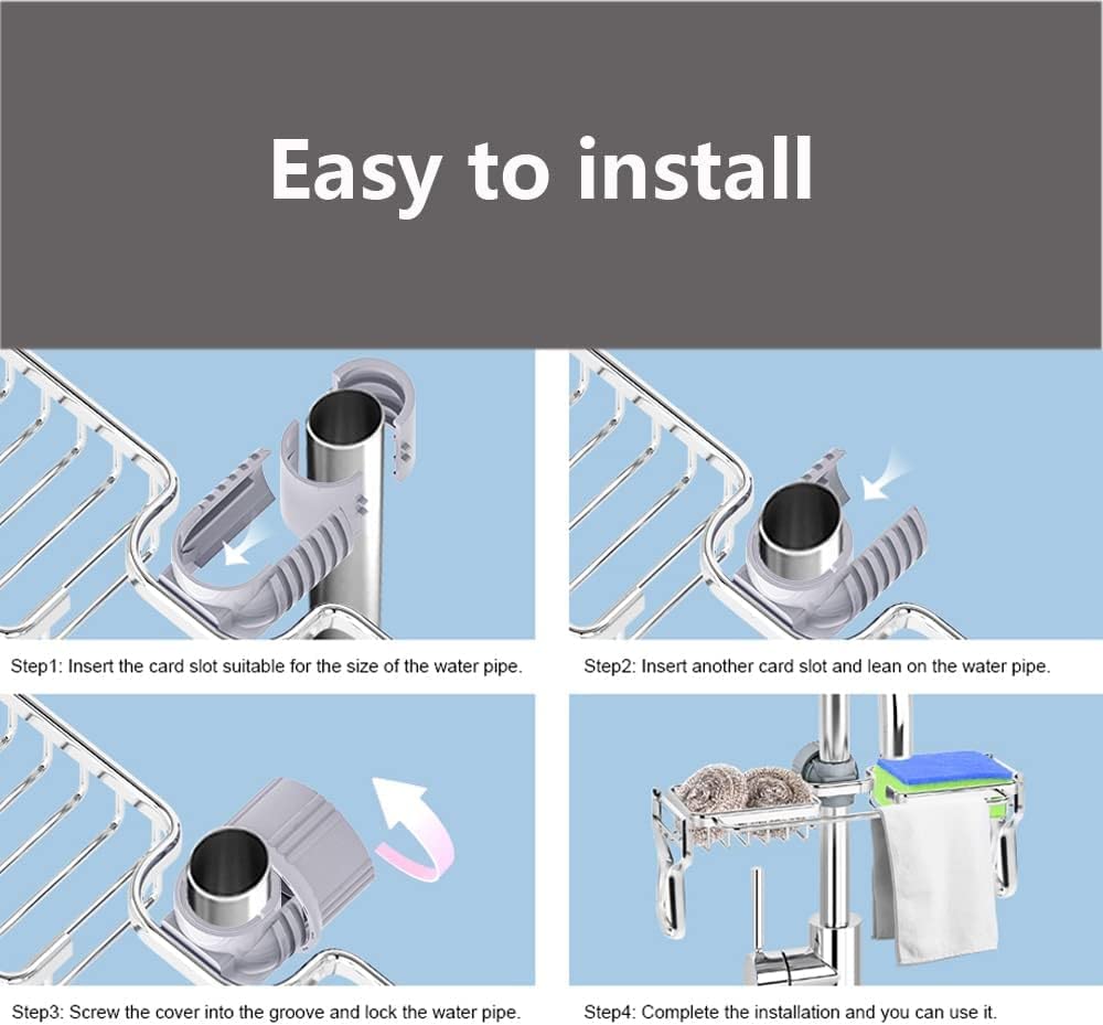 SIMCAS 2023 NeverRust Faucet Sponge Holder Kitchen Sink Caddy, Detachable Faucet Rack Drain Shelf for Sponge, Brush, Soap, Dishcloth, Bathroom Organizer with Hooks, RV & Kitchen Accessories, Aluminum