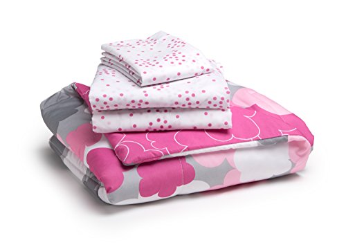 Delta Children 4 Piece Toddler Bedding Set for Girls - Reversible 2-in-1 Comforter - Includes Fitted Comforter to Keep Little Ones Snug, Bottom Sheet, Top Sheet, Pillow Case - Pink Clouds
