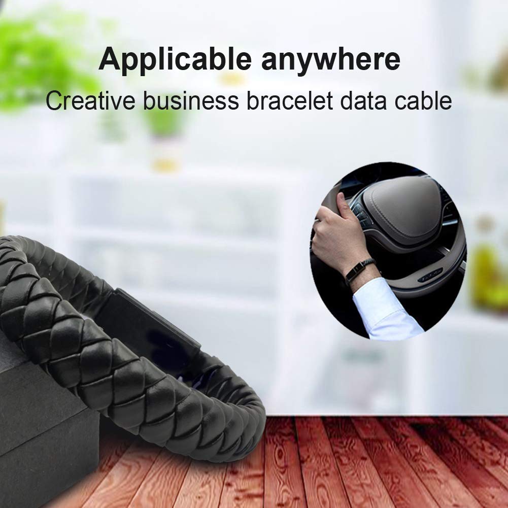 ZTGD Charging Bracelet, Portable Faux Leather Woven Mini Type-C Micro USB Charging Bracelet Data Cable Black Black Type C