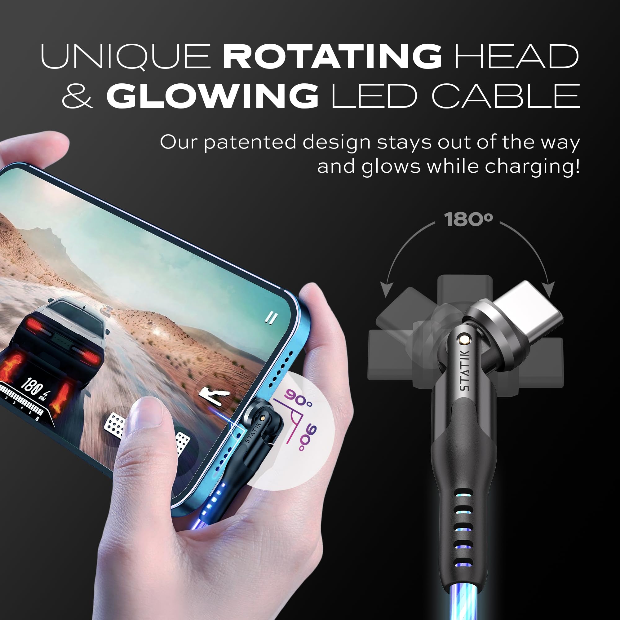 Statik GloBright 360 Magnetic Charging Cable, Light Up Charging Cable, Magnetic USB C Charging Cable, LED Charging Cable, Magnetic Charger Cable, Glowing Light Up Phone Charger Cord 6FT/2M