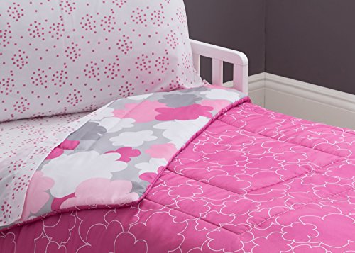 Delta Children 4 Piece Toddler Bedding Set for Girls - Reversible 2-in-1 Comforter - Includes Fitted Comforter to Keep Little Ones Snug, Bottom Sheet, Top Sheet, Pillow Case - Pink Clouds