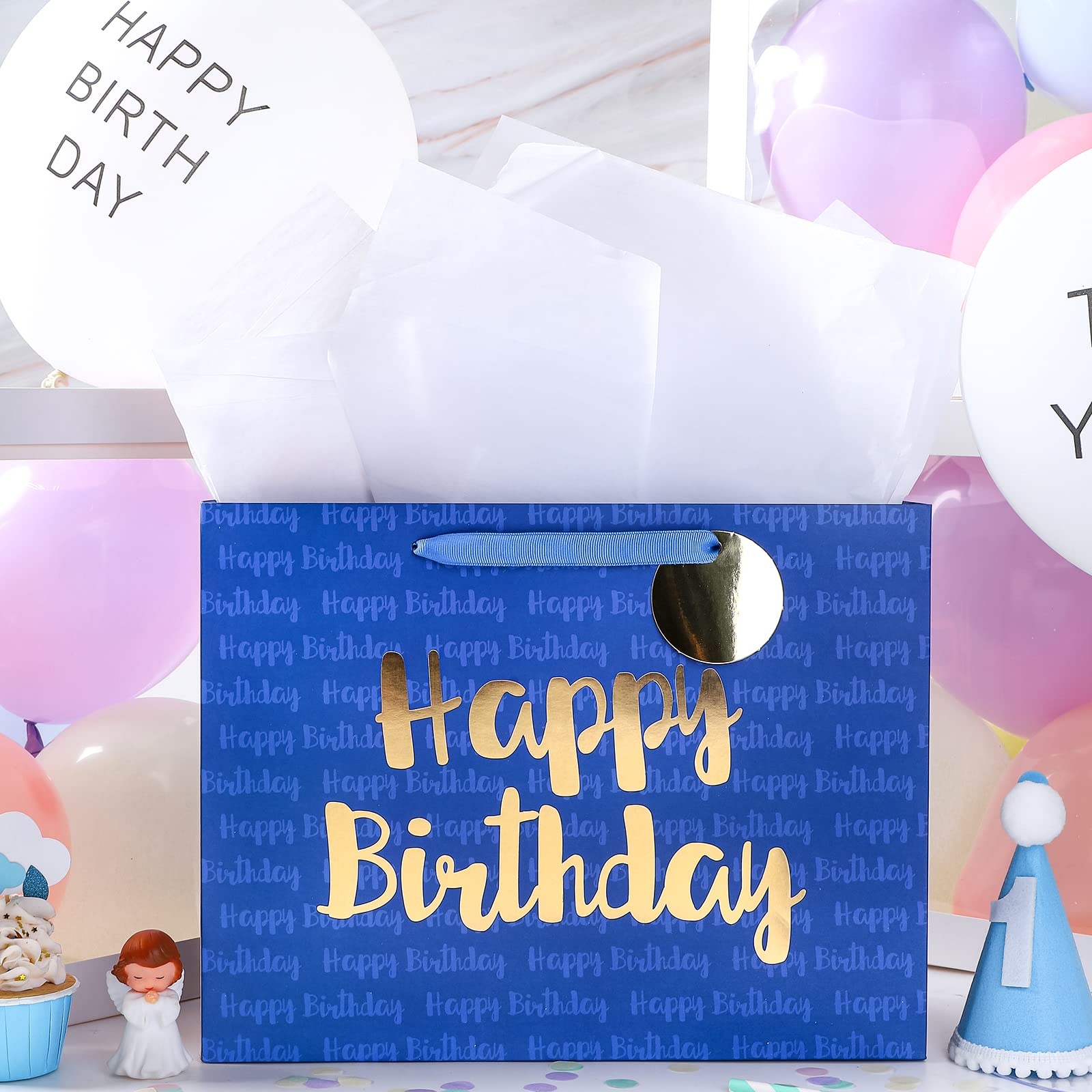 Loveinside Blue Birthday Gift Bag with Tissue Paper for Birthday, Baby Shower, Party, and More - 13" x 10" x 5", 1 Pcs