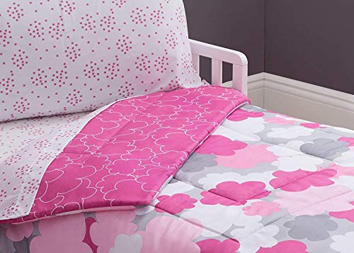 Delta Children 4 Piece Toddler Bedding Set for Girls - Reversible 2-in-1 Comforter - Includes Fitted Comforter to Keep Little Ones Snug, Bottom Sheet, Top Sheet, Pillow Case - Pink Clouds