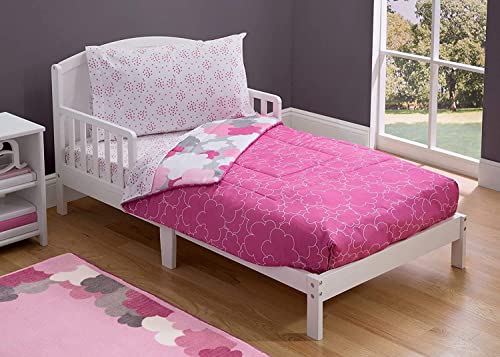 Delta Children 4 Piece Toddler Bedding Set for Girls - Reversible 2-in-1 Comforter - Includes Fitted Comforter to Keep Little Ones Snug, Bottom Sheet, Top Sheet, Pillow Case - Pink Clouds