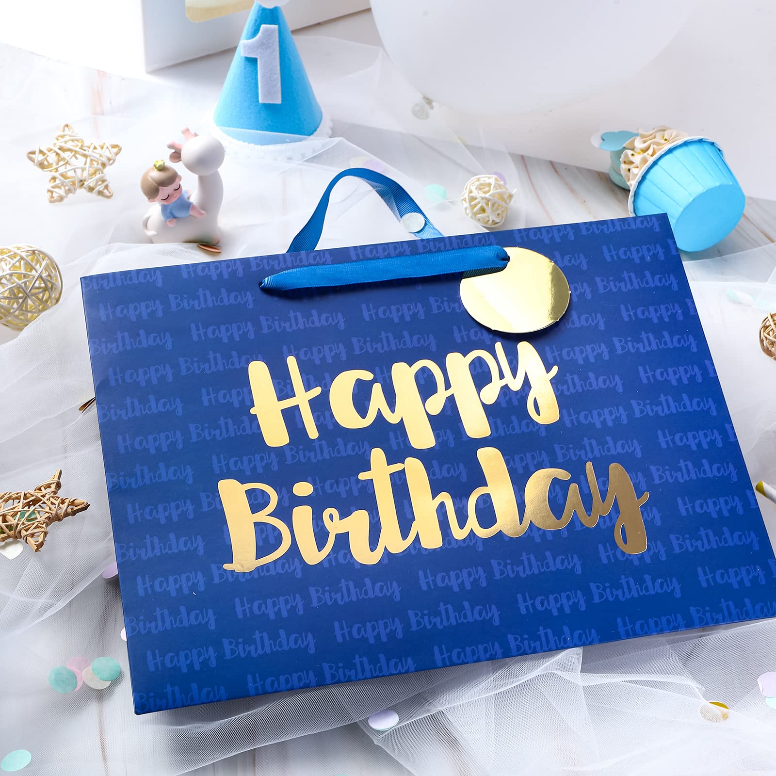 Loveinside Blue Birthday Gift Bag with Tissue Paper for Birthday, Baby Shower, Party, and More - 13" x 10" x 5", 1 Pcs