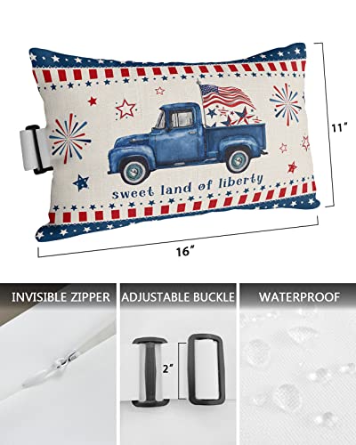 Recliner Head Pillow Ledge Loungers Chair Pillows with Insert 4th of July Truck Red and Blu Patriotic Retro Lumbar Pillow with Adjustable Strap Outdoor Waterproof Patio Pillows for Beach Pool, 2 PCS