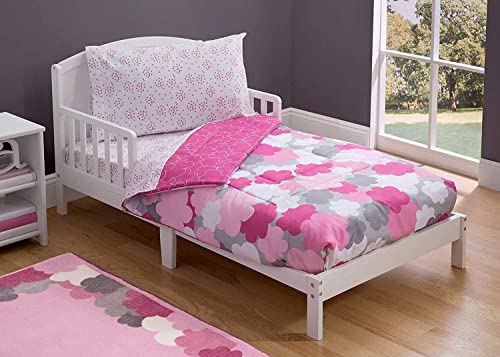 Delta Children 4 Piece Toddler Bedding Set for Girls - Reversible 2-in-1 Comforter - Includes Fitted Comforter to Keep Little Ones Snug, Bottom Sheet, Top Sheet, Pillow Case - Pink Clouds