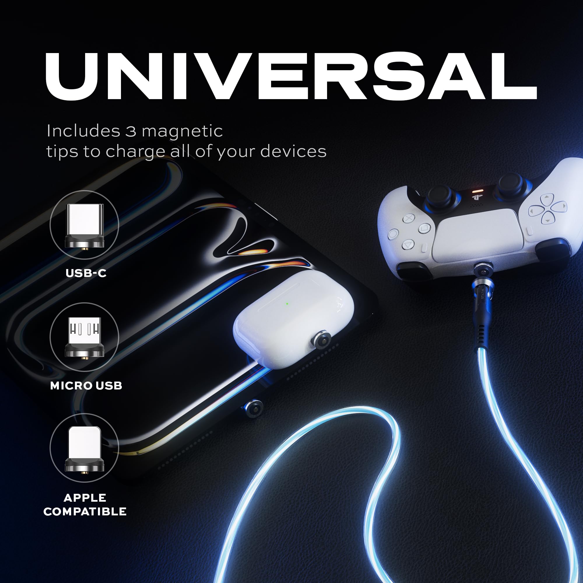 Statik GloBright 360 Magnetic Charging Cable, Light Up Charging Cable, Magnetic USB C Charging Cable, LED Charging Cable, Magnetic Charger Cable, Glowing Light Up Phone Charger Cord 6FT/2M