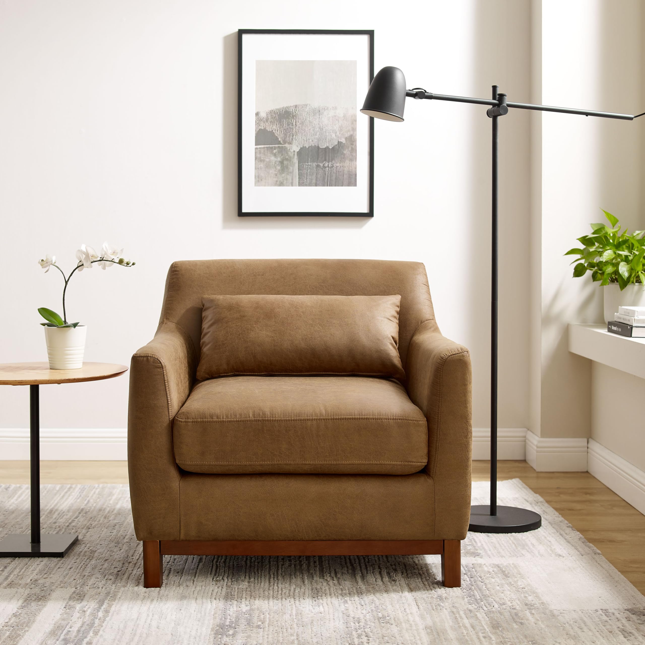 VANOMi Extra Deep Accent Chair, Faux Leather Upholstered Comfy Reading Armchair for Living Room, Bedroom Single Seat Sofa Chair with Wood Base, Leather, Brown