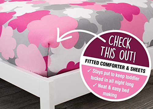 Delta Children 4 Piece Toddler Bedding Set for Girls - Reversible 2-in-1 Comforter - Includes Fitted Comforter to Keep Little Ones Snug, Bottom Sheet, Top Sheet, Pillow Case - Pink Clouds