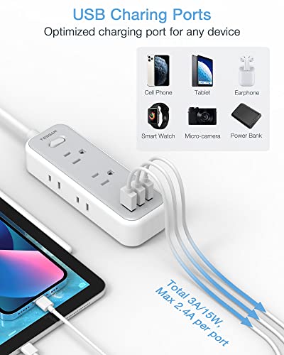 Small Power Strip with 3 USB Ports, TESSAN Flat Plug Extension Cord 6 Feet, Mini 6 Outlets Portable Nightstand Desktop Charging Station for Travel Dorm Room Cruise Ship Essentials