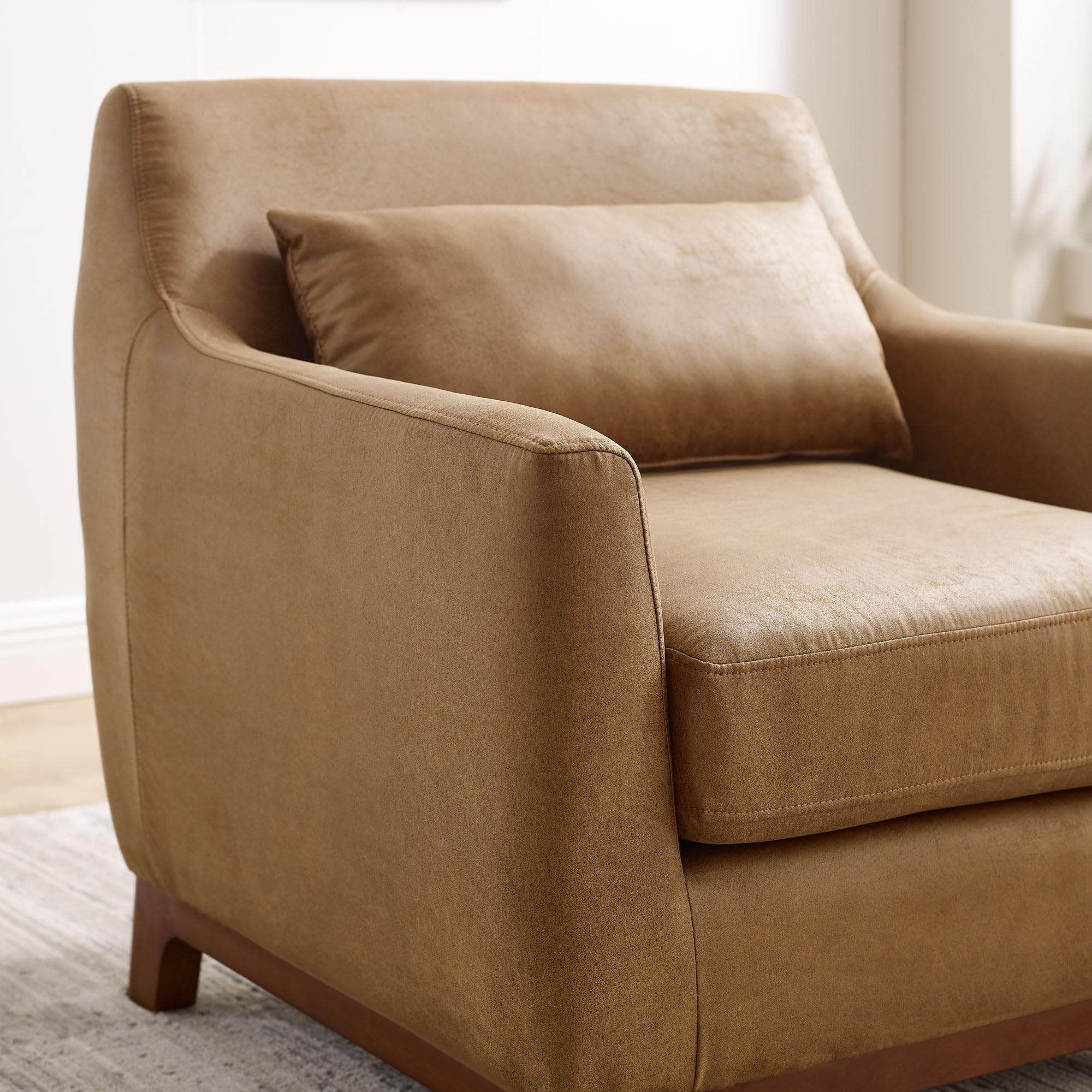 VANOMi Extra Deep Accent Chair, Faux Leather Upholstered Comfy Reading Armchair for Living Room, Bedroom Single Seat Sofa Chair with Wood Base, Leather, Brown