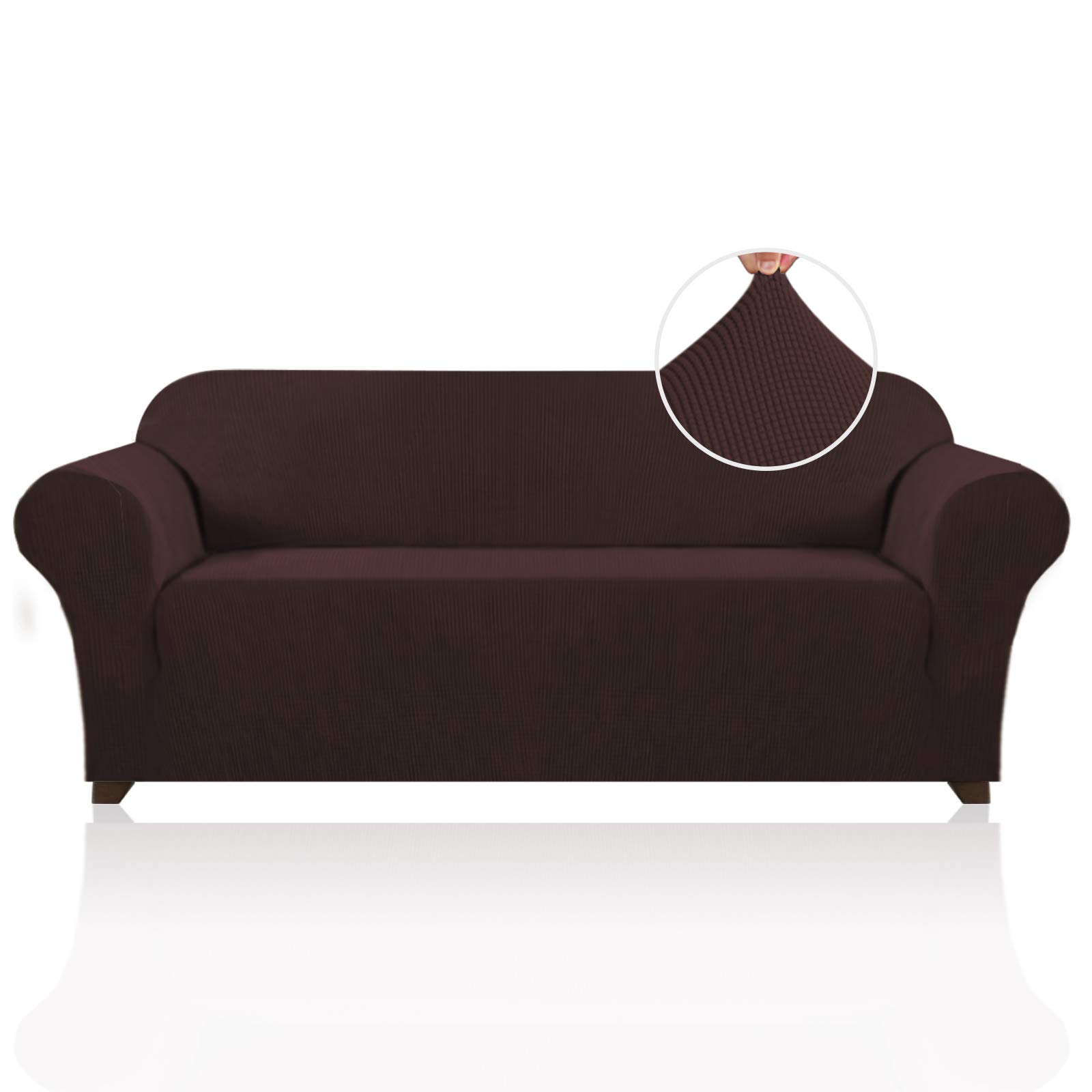PrinceDeco Stretch Sofa Cover Slipcover Couch Covers for 3 Cushion Couch Furniture Protector Sofa Covers with Non Slip Elastic Bottom Dogs Pet Friendly Fitted (Sofa, Brown)