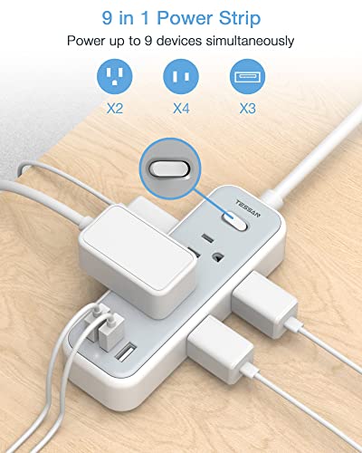 Small Power Strip with 3 USB Ports, TESSAN Flat Plug Extension Cord 6 Feet, Mini 6 Outlets Portable Nightstand Desktop Charging Station for Travel Dorm Room Cruise Ship Essentials