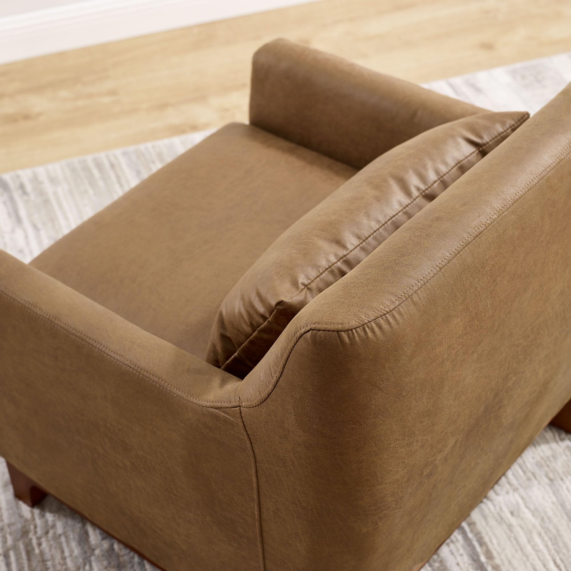 VANOMi Extra Deep Accent Chair, Faux Leather Upholstered Comfy Reading Armchair for Living Room, Bedroom Single Seat Sofa Chair with Wood Base, Leather, Brown