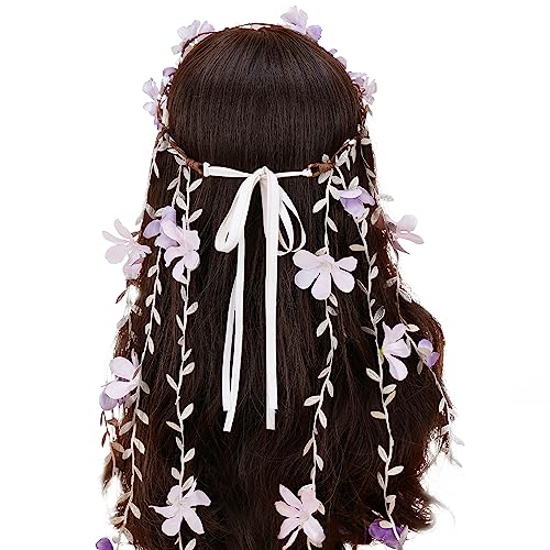 PartyforU Pink Flower Headpiece for Women - Bohemian Floral Crown Woodland Hippie Headband for Women Wedding Bride Bridesmaid Renaissance Party Renfaire