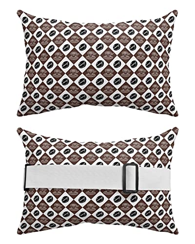 Recliner Head Pillow Ledge Loungers Chair Pillows with Insert HDrawn Brown Cube Plaid Coffee Bean Cups Lumbar Pillow with Adjustable Strap Outdoor Waterproof Patio Pillows for Beach Pool, 2 PCS