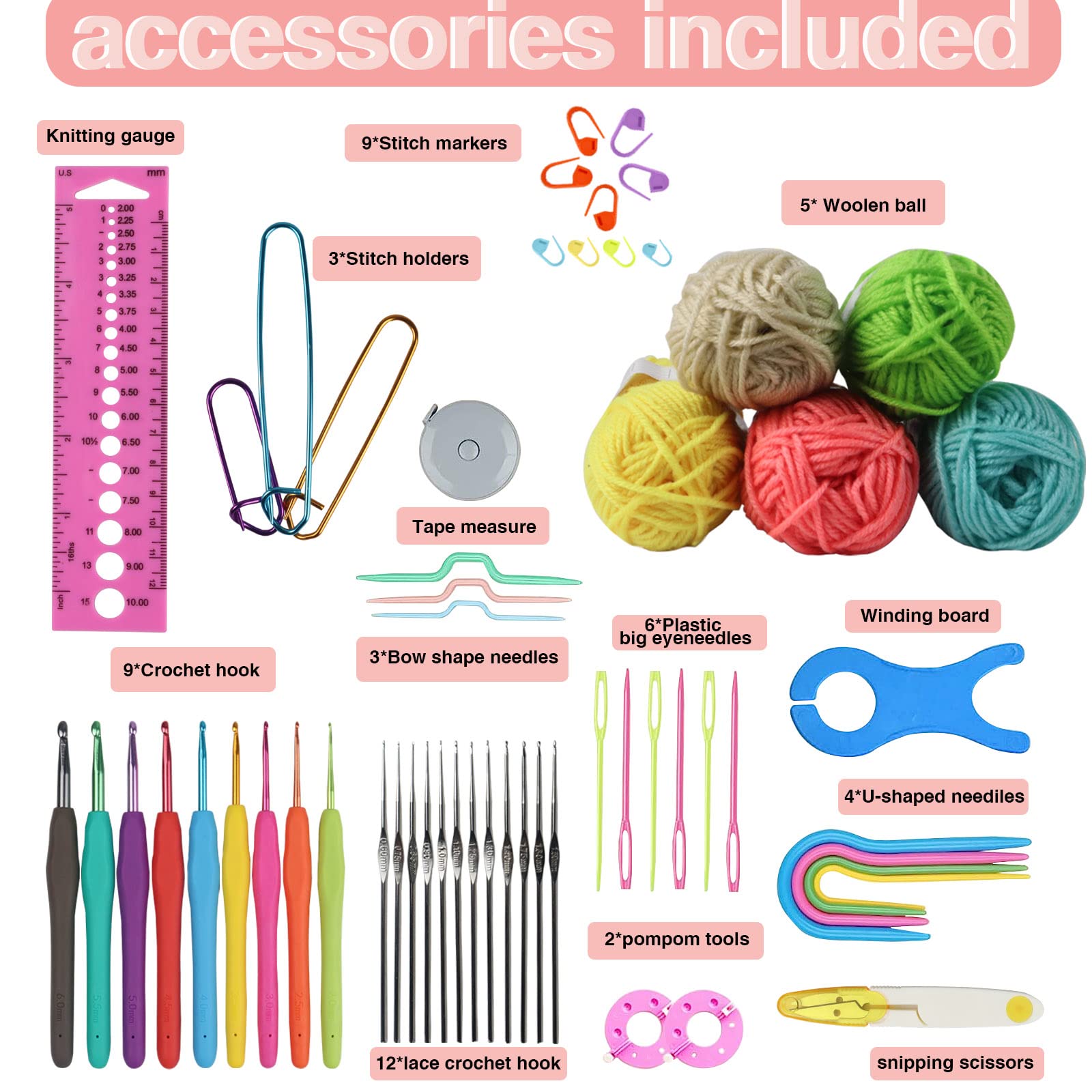 58 Pcs Crochet Set Kit, Crochet Kit for Beginners Adults, Travel Crochet Hook Case, Including Different Crochet Hooks and 5 Color Yarn Balls, Knitting Kit Crocheting Kit, Knitting and Crochet Supplies