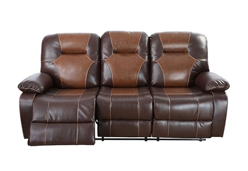 EZLUX 83.5" Leather Sofa 3 Seat, Manual Upholstered Reclining with Cup Holders for Living Room Furniture Home Theater Apartment, Brown