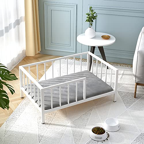 OSCHF Dog Bed with Rails - Elevated Pet Metal Bed Frame with Solid Wood Board and Washable Soft Mat for Medium Dog Indoor or Outdoor Use, 25.2" x 37.8", White