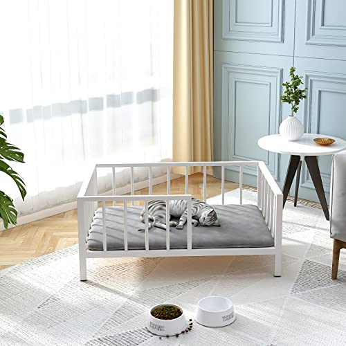 OSCHF Dog Bed with Rails - Elevated Pet Metal Bed Frame with Solid Wood Board and Washable Soft Mat for Medium Dog Indoor or Outdoor Use, 25.2" x 37.8", White