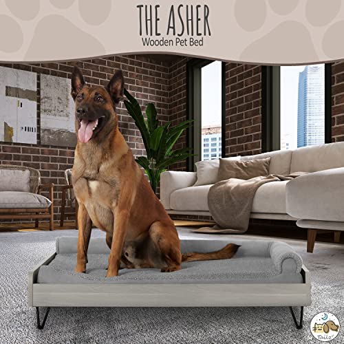Wooden Dog Bed with Water Resistant Mattress, Large to Extra Large Elevated Pet Bed With Calming Mattress, Greenguard Gold Certified, Modern Dog Couch, Silver, Asher - TailZzz