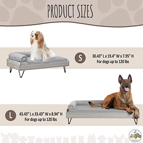 Wooden Dog Bed with Water Resistant Mattress, Large to Extra Large Elevated Pet Bed With Calming Mattress, Greenguard Gold Certified, Modern Dog Couch, Silver, Asher - TailZzz