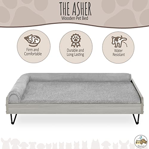 Wooden Dog Bed with Water Resistant Mattress, Large to Extra Large Elevated Pet Bed With Calming Mattress, Greenguard Gold Certified, Modern Dog Couch, Silver, Asher - TailZzz