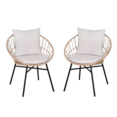 Flash Furniture Devon Set of 2 Indoor/Outdoor Modern Papasan Style Rope Patio Chairs, PE Rattan with Cushions, Tan/Light Gray