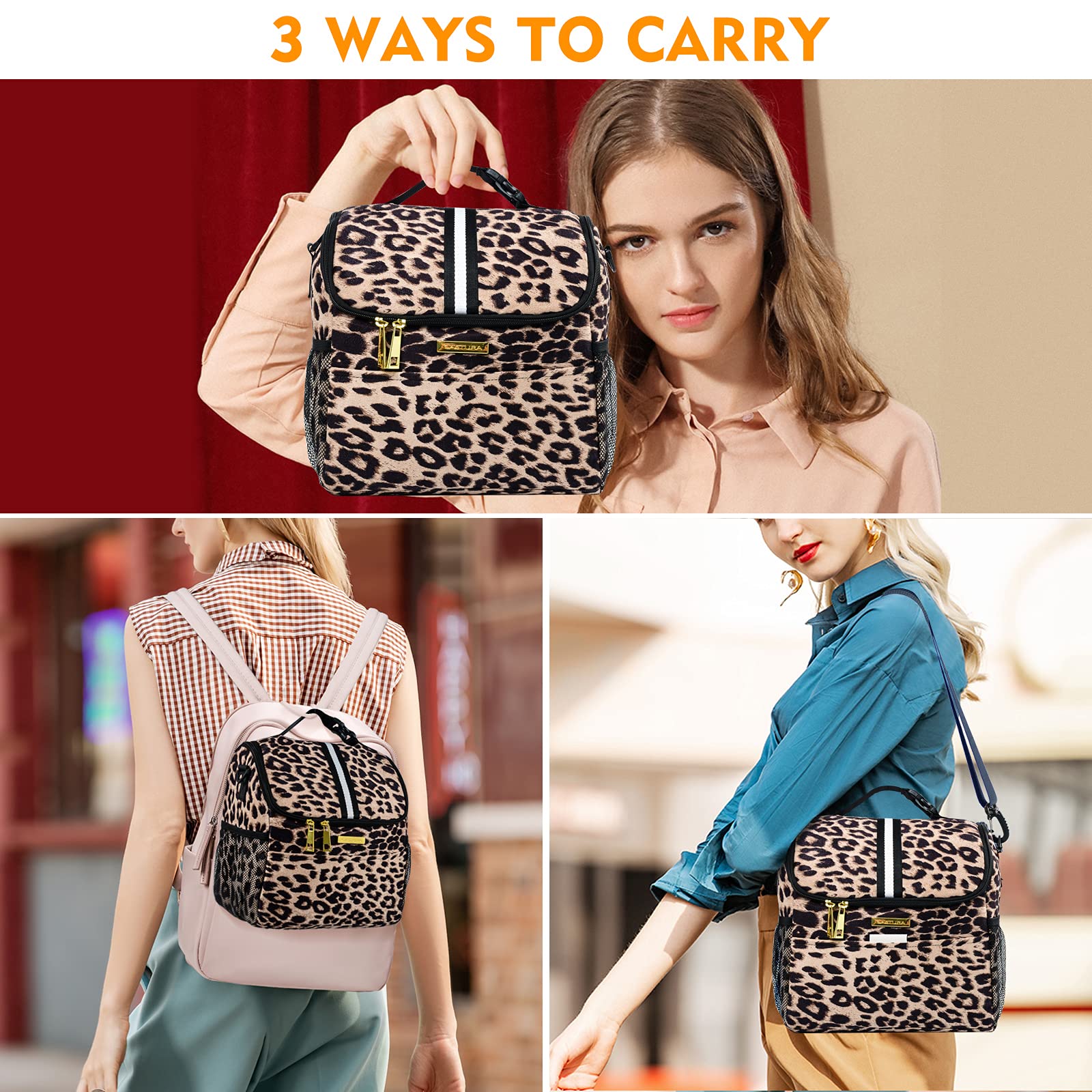 Women Insulated Lunch Bag,Large Lunch Tote Bag with Detachable Shoulder Strap and Buckle Handle Leopard