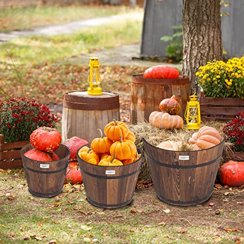 VINGLI 3 pcs Wooden Planter Barrel Set, Real Wood Indoor/Outdoor Flower Pot w/Drainage Holes, Different Sizes, Large Garden Container Box