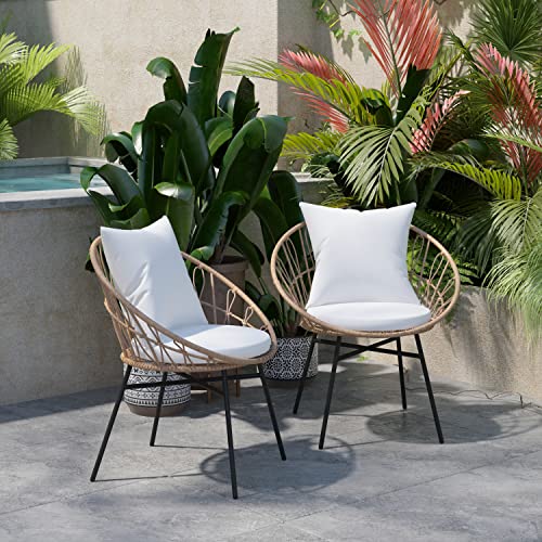 Flash Furniture Devon Set of 2 Indoor/Outdoor Modern Papasan Style Rope Patio Chairs, PE Rattan with Cushions, Tan/Light Gray