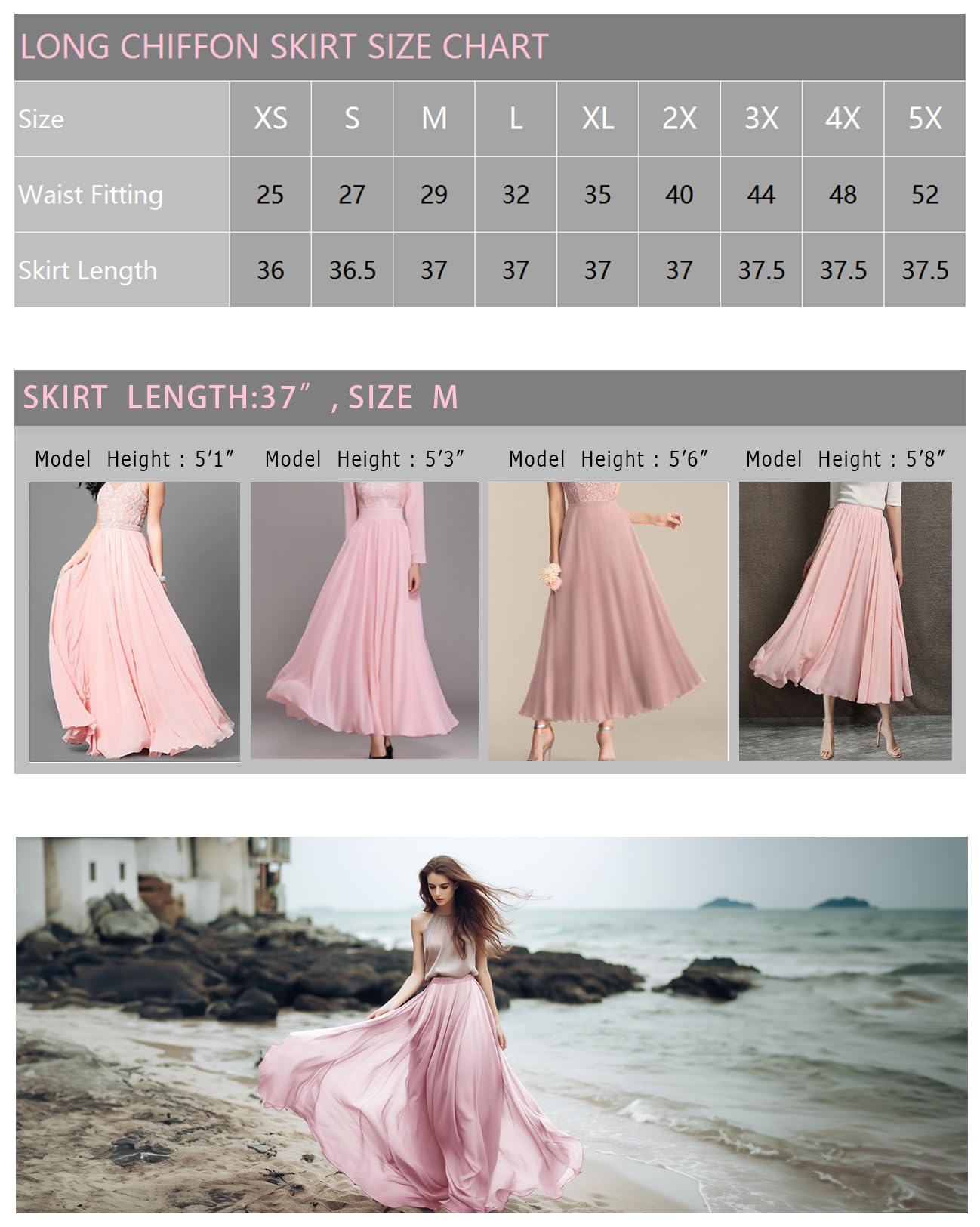 v28 Womens Maxi Midi White Flowy Long Black Summer Plus Size Sheer Chiffon Skirt (3XL,Coral)