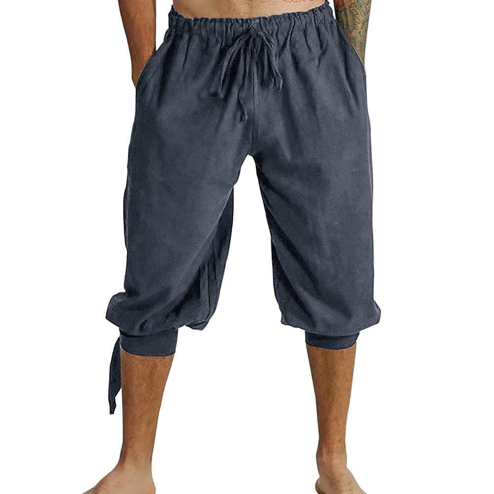 Colorful House Men Ren Faire Costume Renaissance Pants Pirate Outfit Adult Linen Ren Faire Pants with Pockets Grey(Grey, Small)
