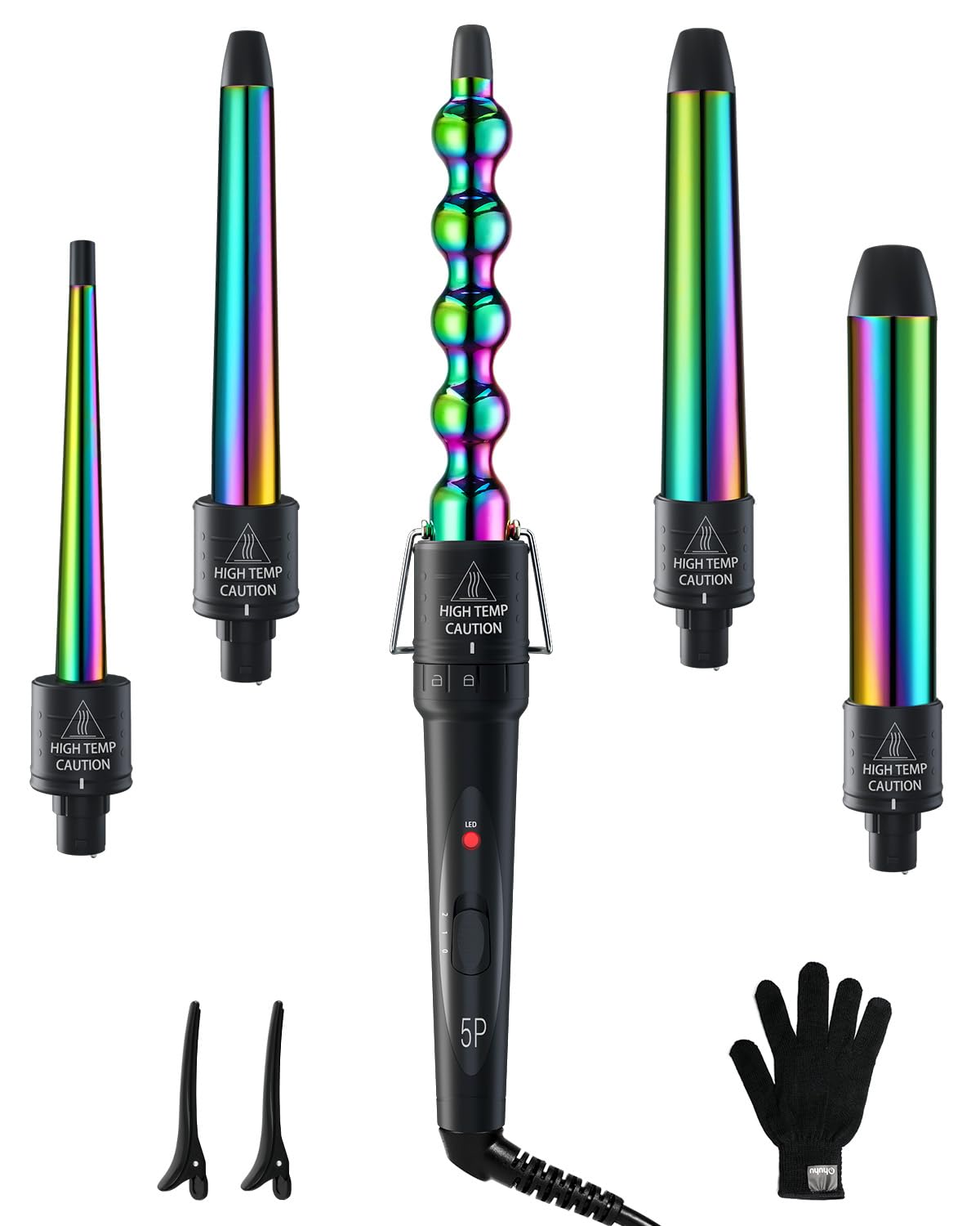 5 in 1 Curling Wand Set: Ohuhu Curling Iron Wand 5Pcs 0.35 to 1.25 Inch Interchangeable Ceramic Barrel Heat Protective Glove 2 Clips Dual Voltage Hair Curler for Girls Women Rainbow