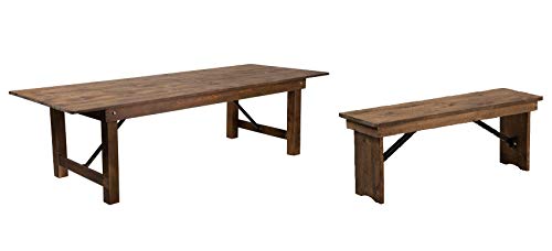Flash Furniture Hercules Series 9' x 40" Rectangular Antique Rustic Solid Pine Folding Farm Table & Hercules 40" x 12" Antique Rustic,Solid Pine Folding Farm Bench