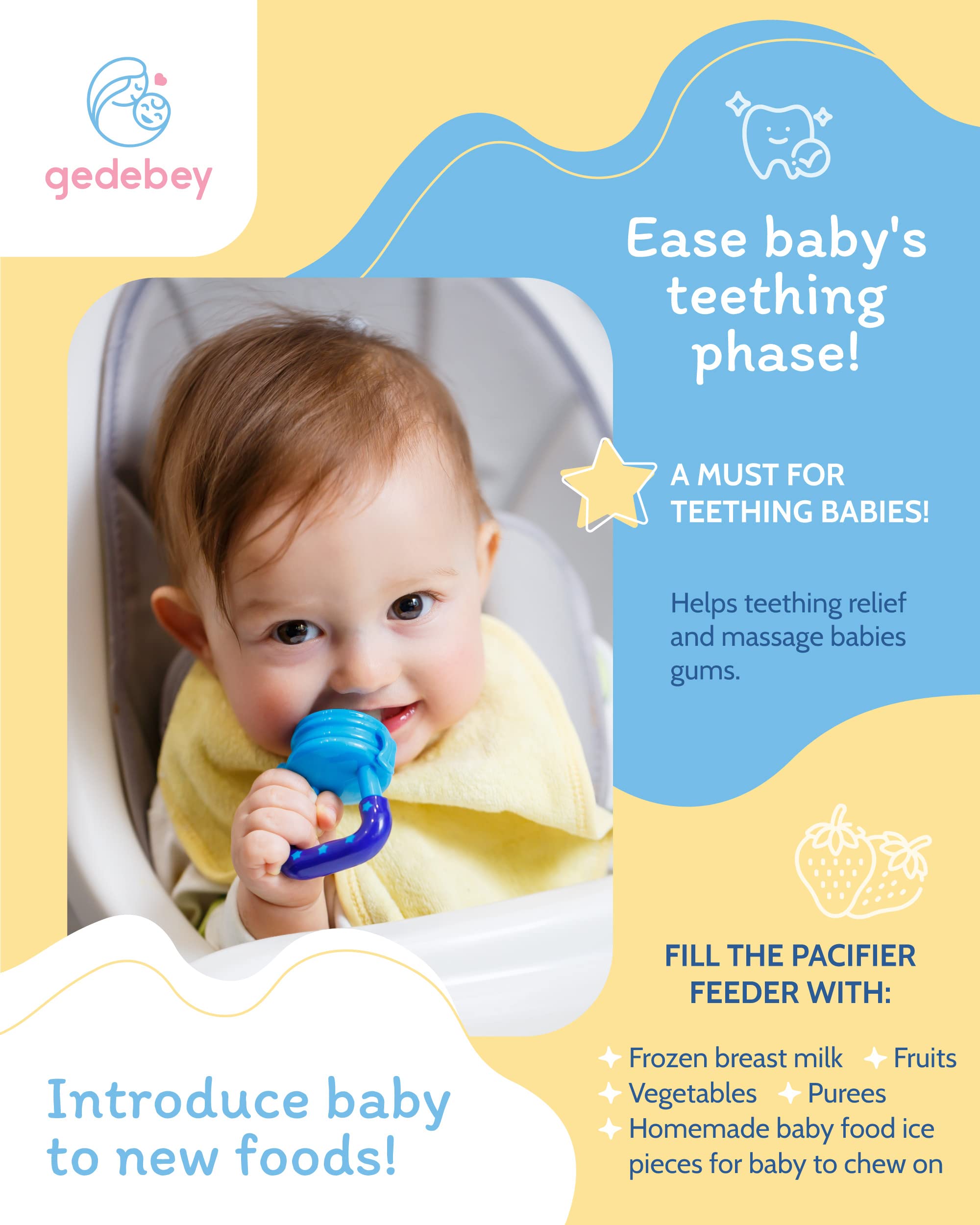 Baby Fruit Feeder Pacifier - 3 Pack | 2 Frozen Fruit Teething Pacifier & 1 Baby Food Spoon Feeder | Baby Silicone Feeder Pacifier | Teething Feeder, Baby Food Feeder Fruit Pacifier (Colorful)