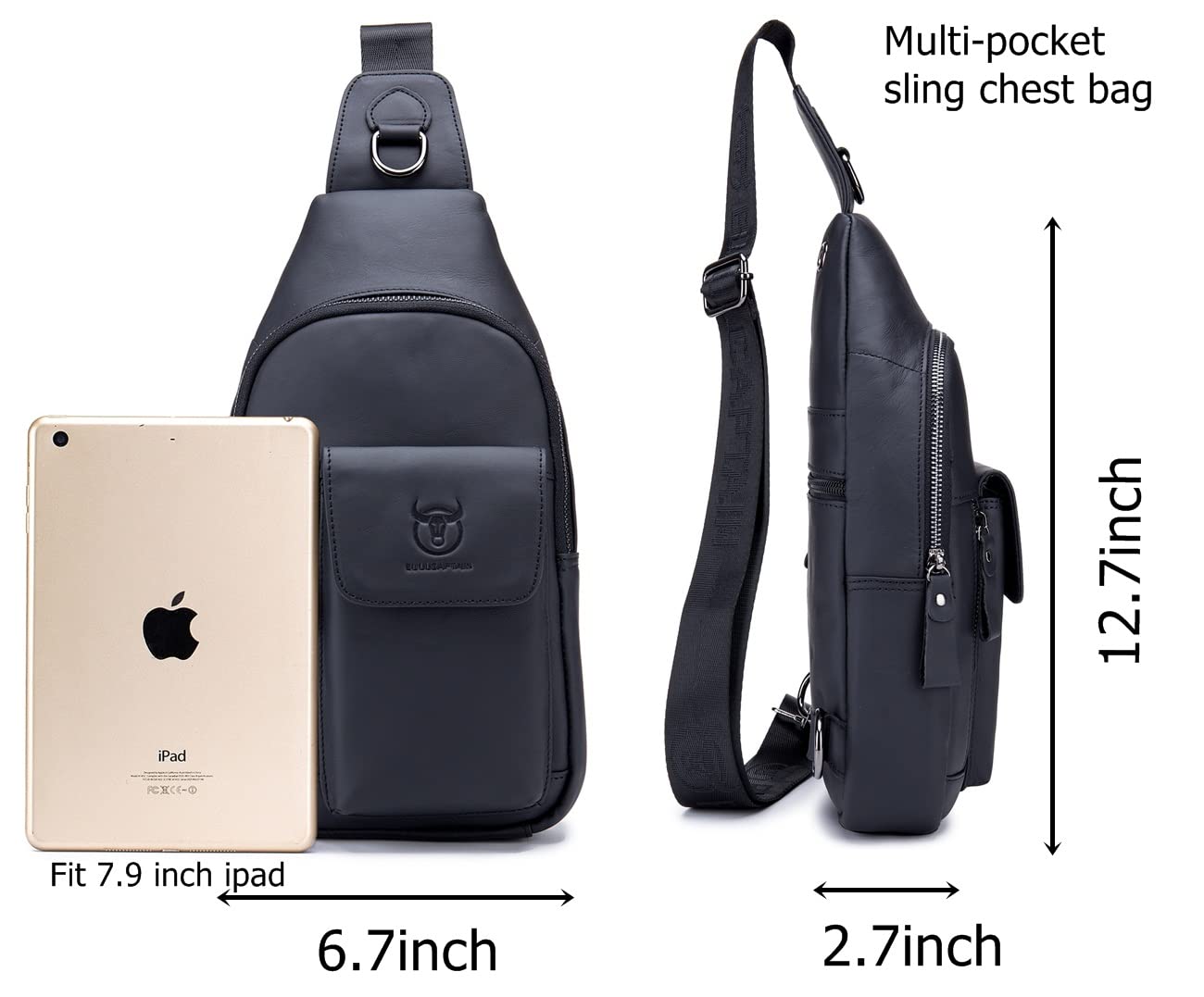 BULLCAPTAIN Men Genuine Leather Shoulder Sling Bag Daypack Casual Multi- pocket Crossbody Chest Bag Travel Hiking Backpacks (Black)